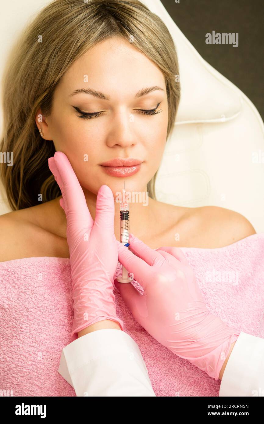 Cosmetologist Makes Injections For Lip Augmentation Beautiful Woman Lip Augmentation With