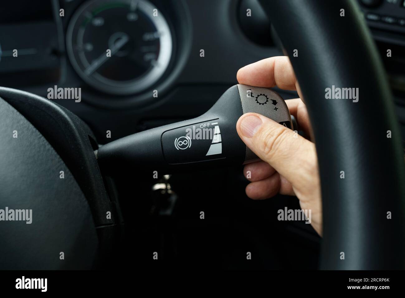 The truck driver switches the retard control lever. Close-up Stock ...