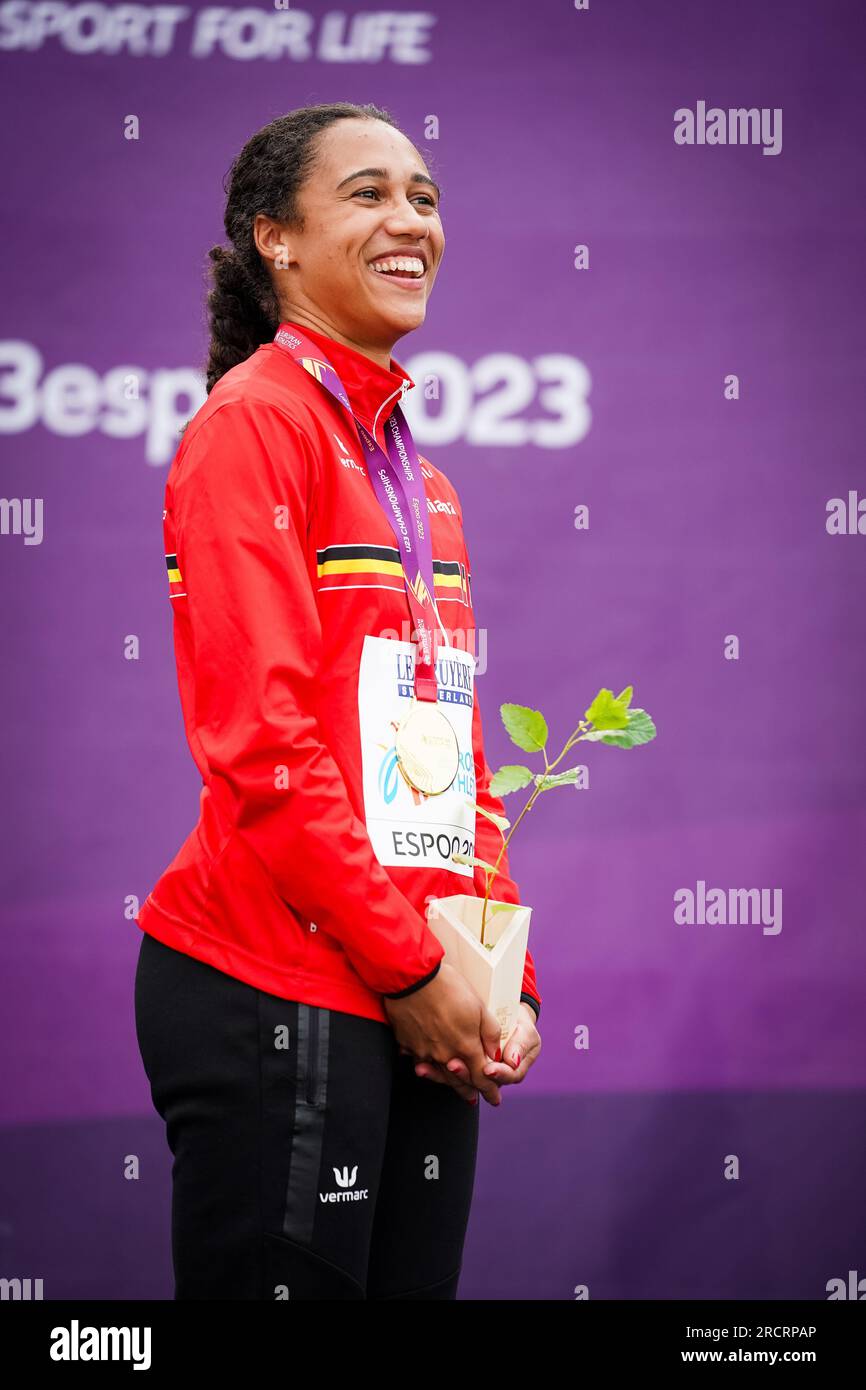 Espoo, Finland. 16th July, 2023. Belgian Delphine Nkansa celebrates on ...