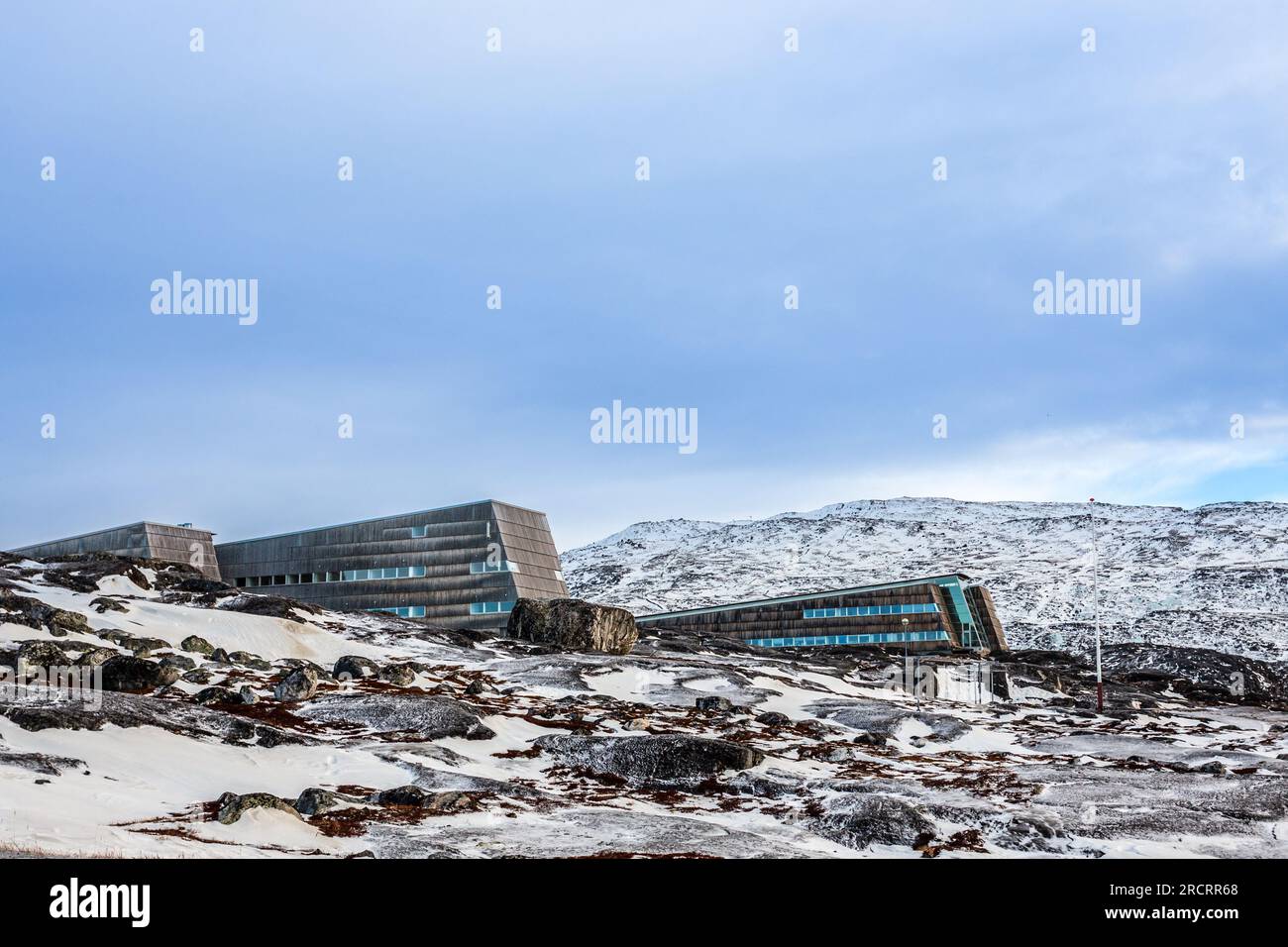 Modern arctic buildings and Store Malene mountain in the background ...