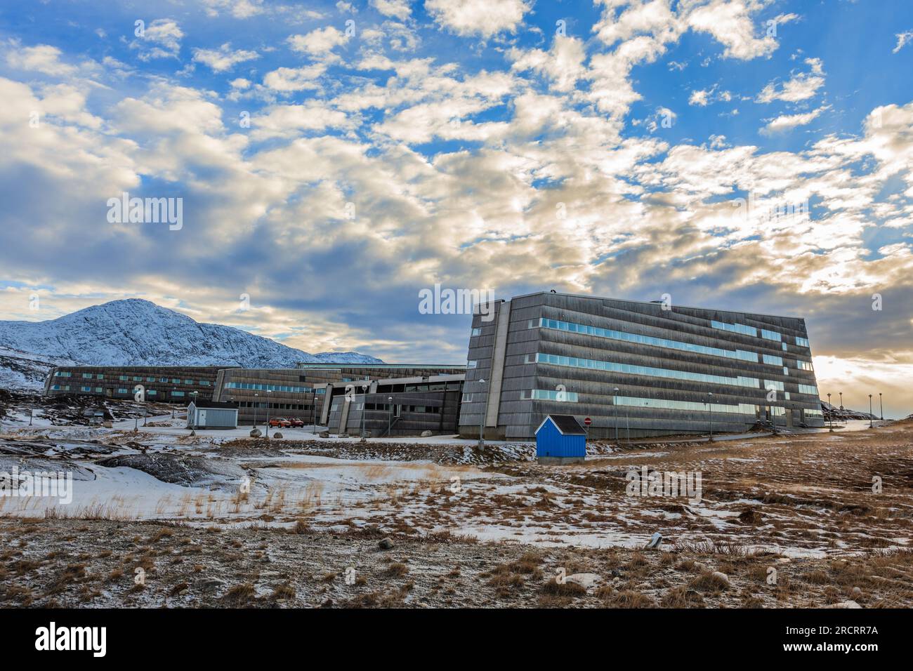Modern arctic buildings and Store Malene mountain in the background ...