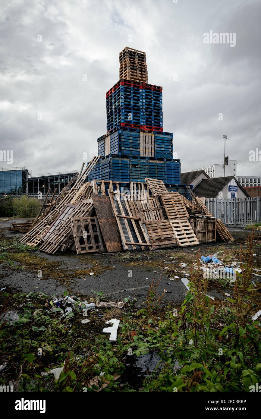 July 10, 2023, Belfast, Ireland: A smaller pyre near Sandy Row which ...