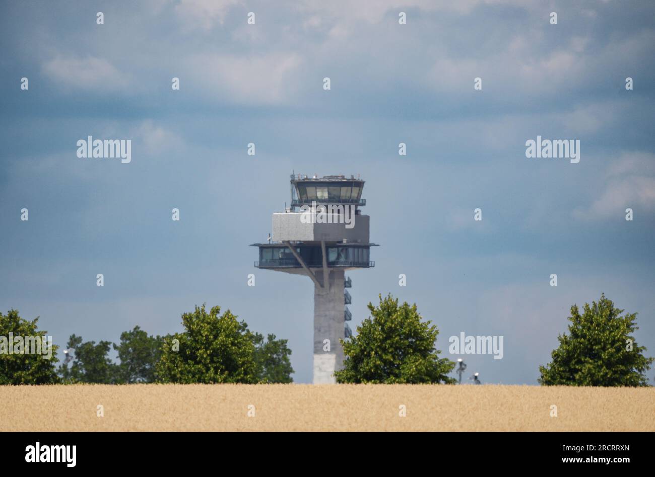 13 July 2023, Berlin, Schönefeld: The tower of Berlin-Brandenburg BER ...