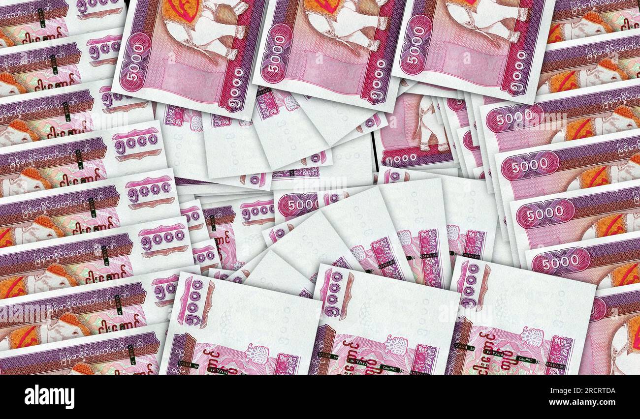 Myanmar Kyat banknotes in a cash fan mosaic pattern. Burma MMK 5000 ...
