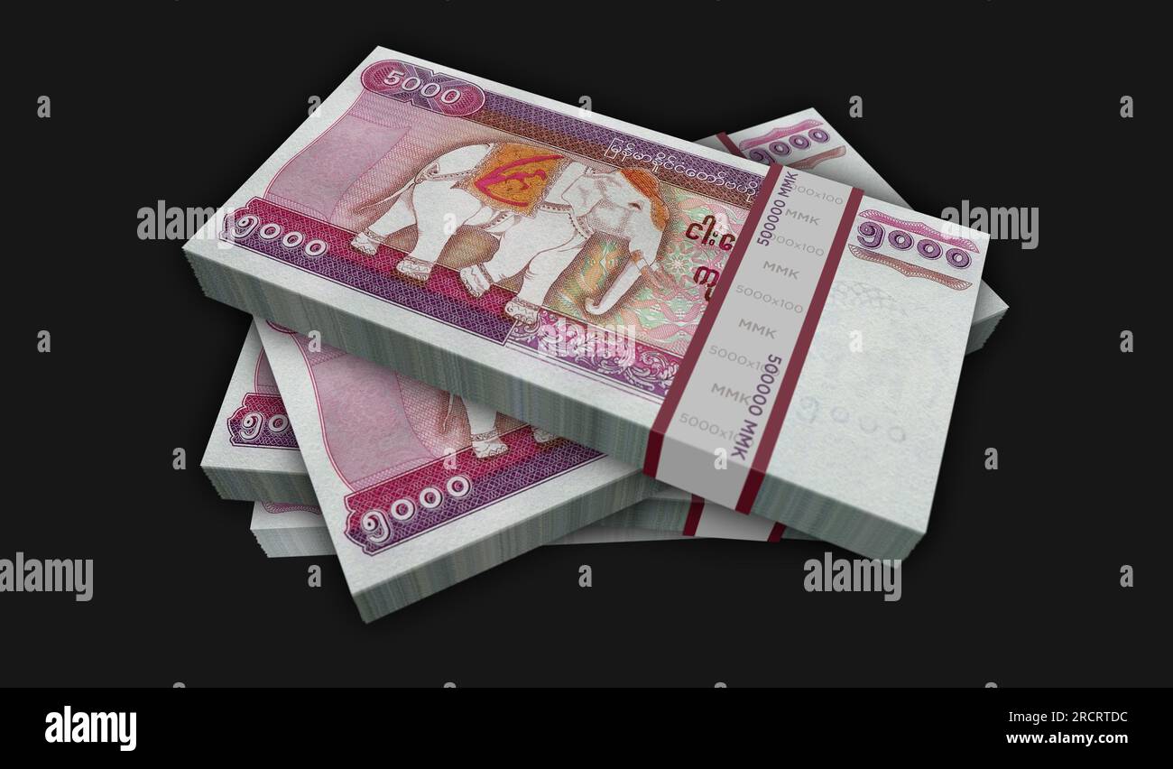 Myanmar money Burma Kyat money pack 3d illustration. 5000 MMK banknote ...