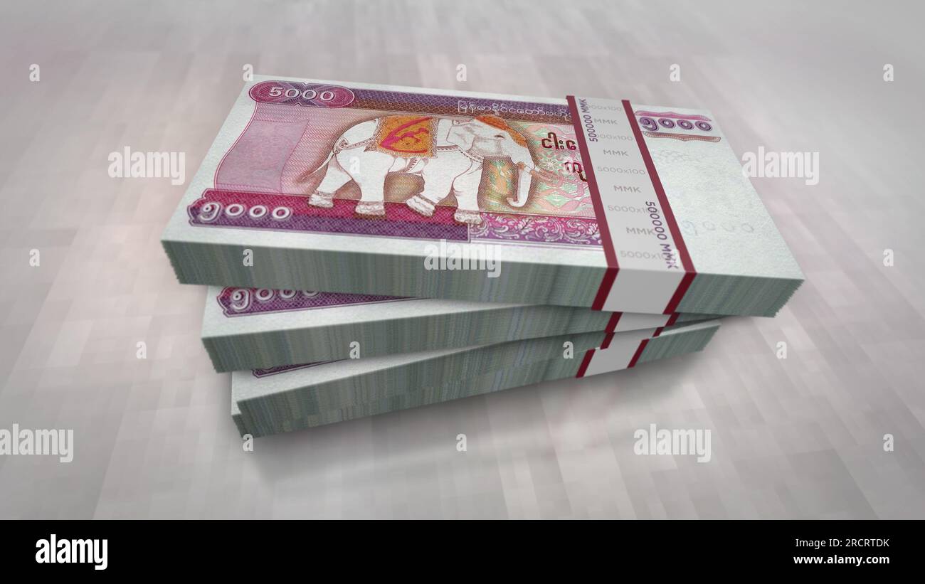 Myanmar money Burma Kyat money pack 3d illustration. 5000 MMK banknote ...