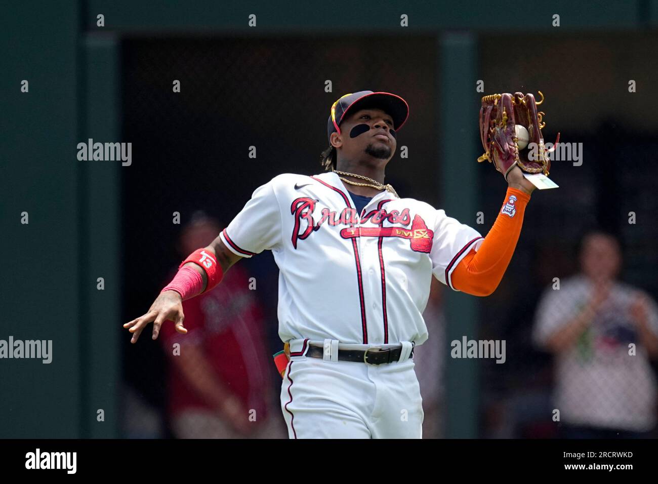 Atlanta Braves right fielder Ronald Acuna Jr. catches a fly ball off ...