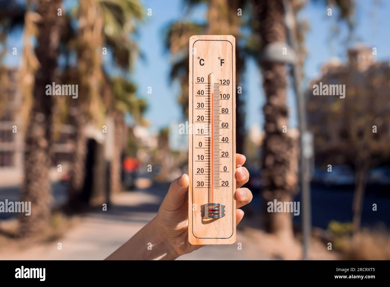 Hot weather. Thermometer in hand in front of street with trees and ...