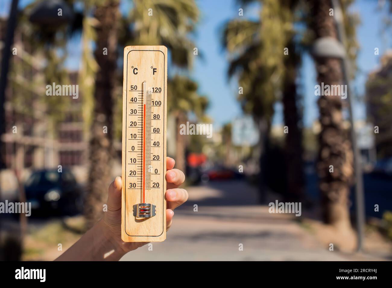 Hot weather. Thermometer in hand in front of street with trees and ...