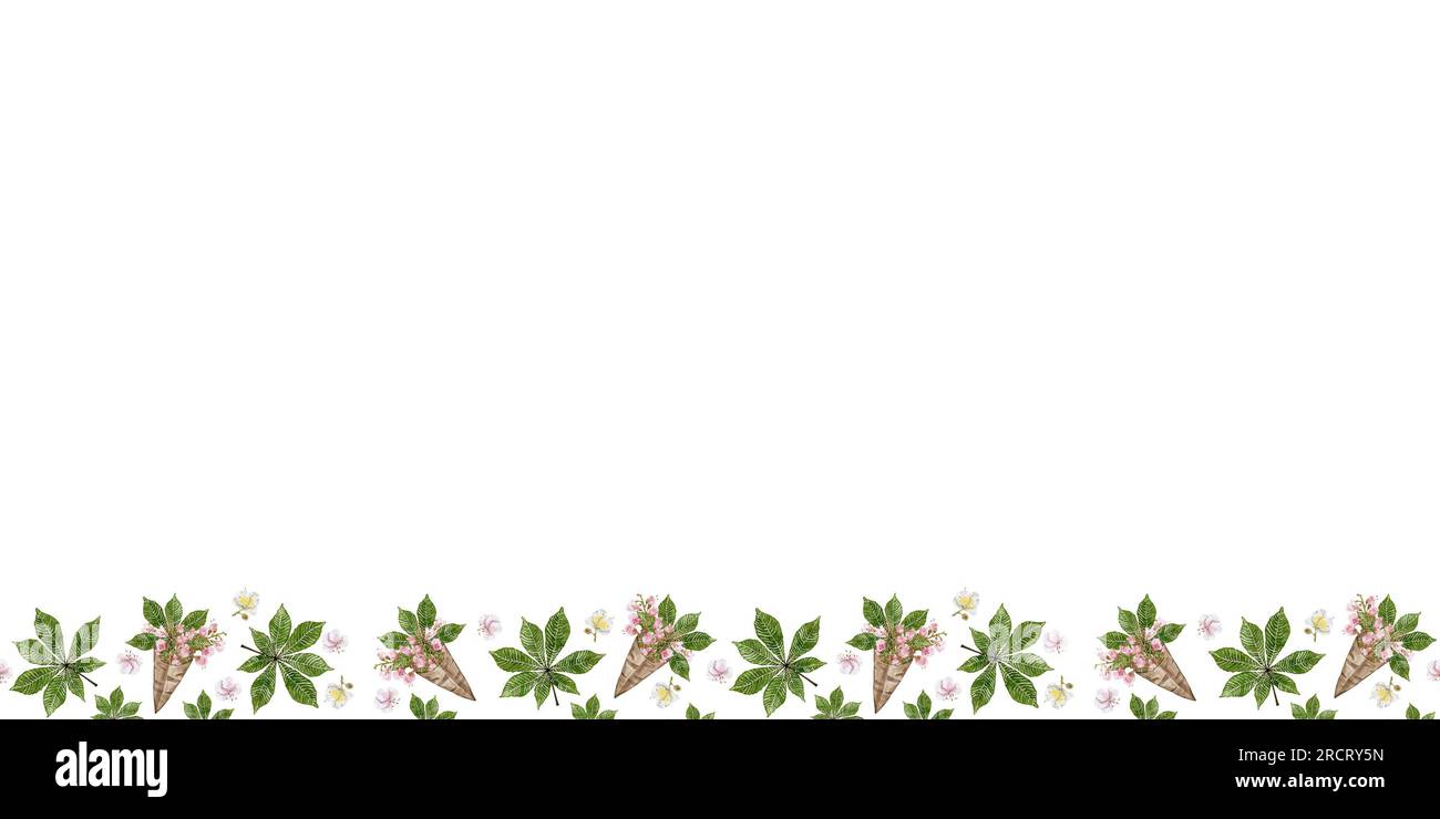 Border of leaves, flowers and fruits of chestnut. Watercolor ...