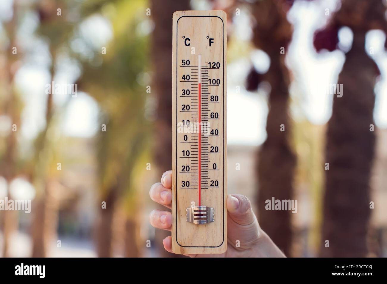 Hot weather. Thermometer in hand in front of street with trees and ...