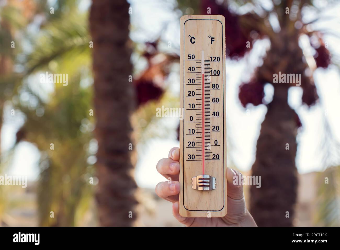 Hot weather. Thermometer in hand in front of street with trees and ...