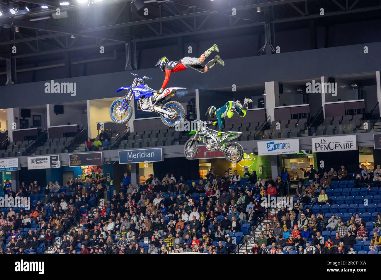 World class FMX motocross riders doing stunts in Ontario Canada Stock ...