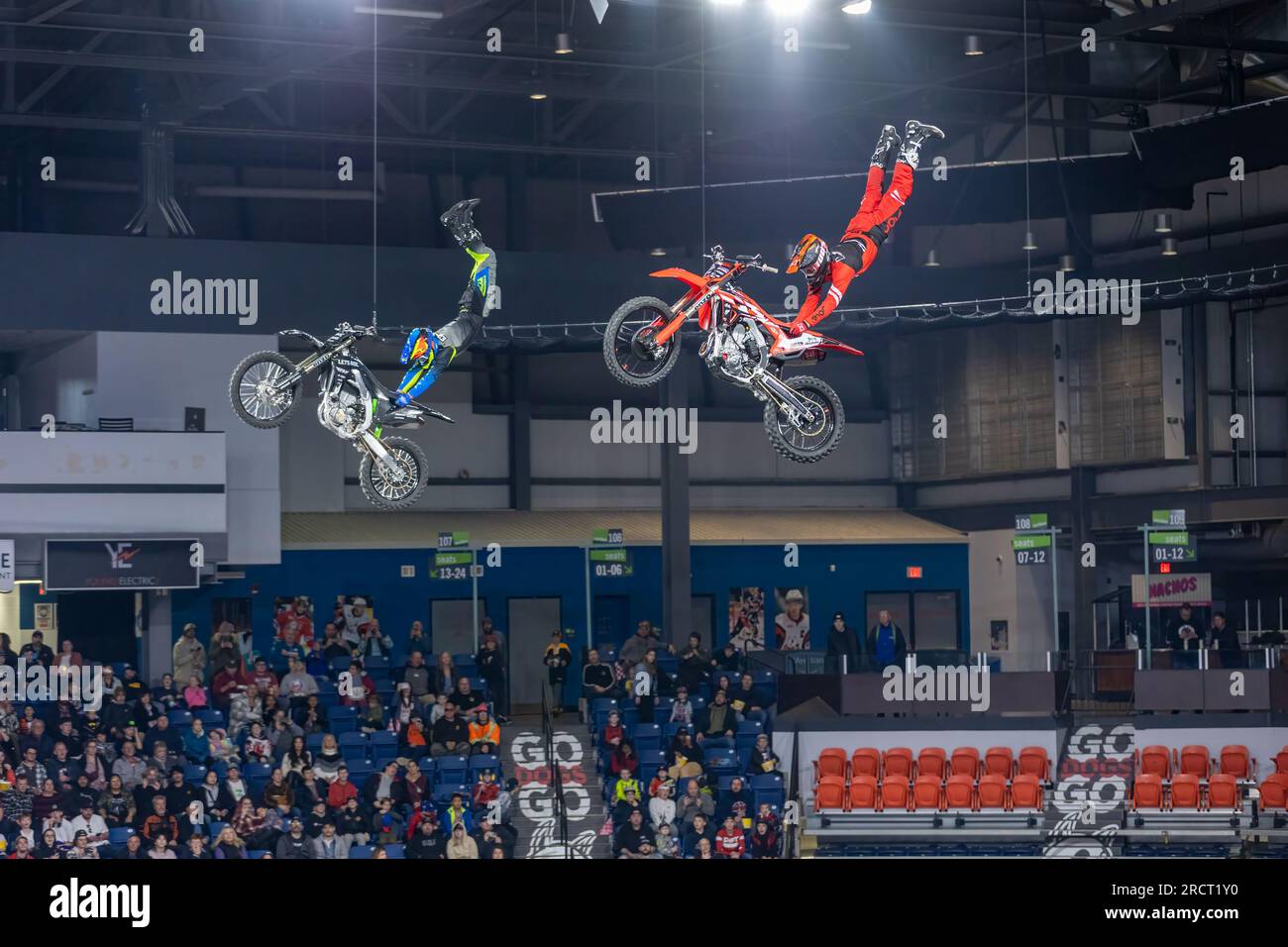 World class FMX motocross riders doing stunts in Ontario Canada Stock ...