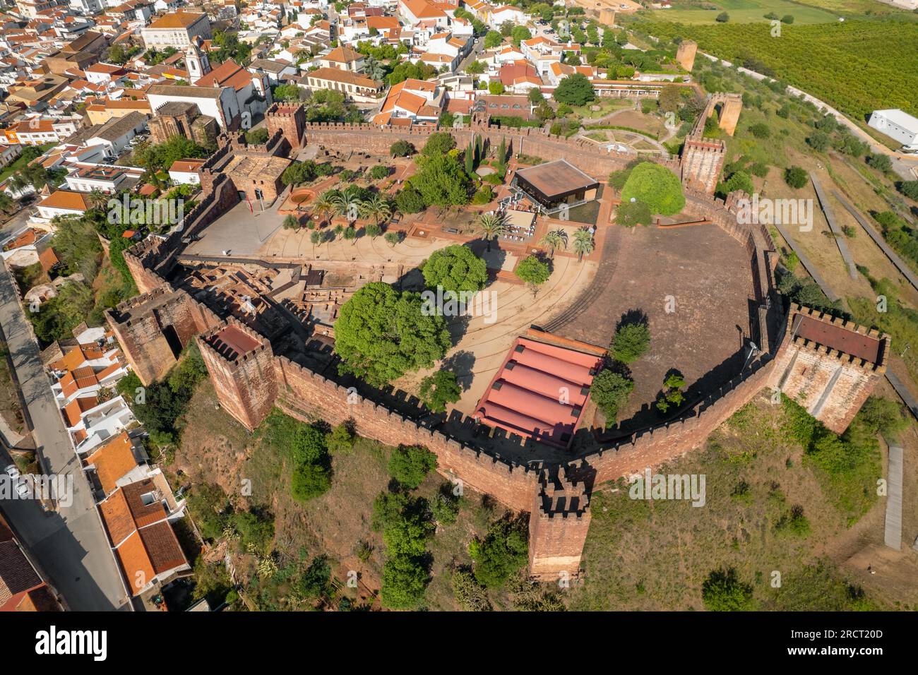 Aerial view of Silves town with famous medieval castle and Cathedral ...