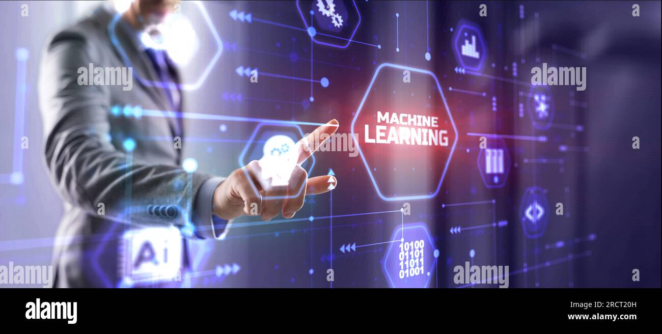 Businessman presses a button Machine learning. New technology 2023 ...