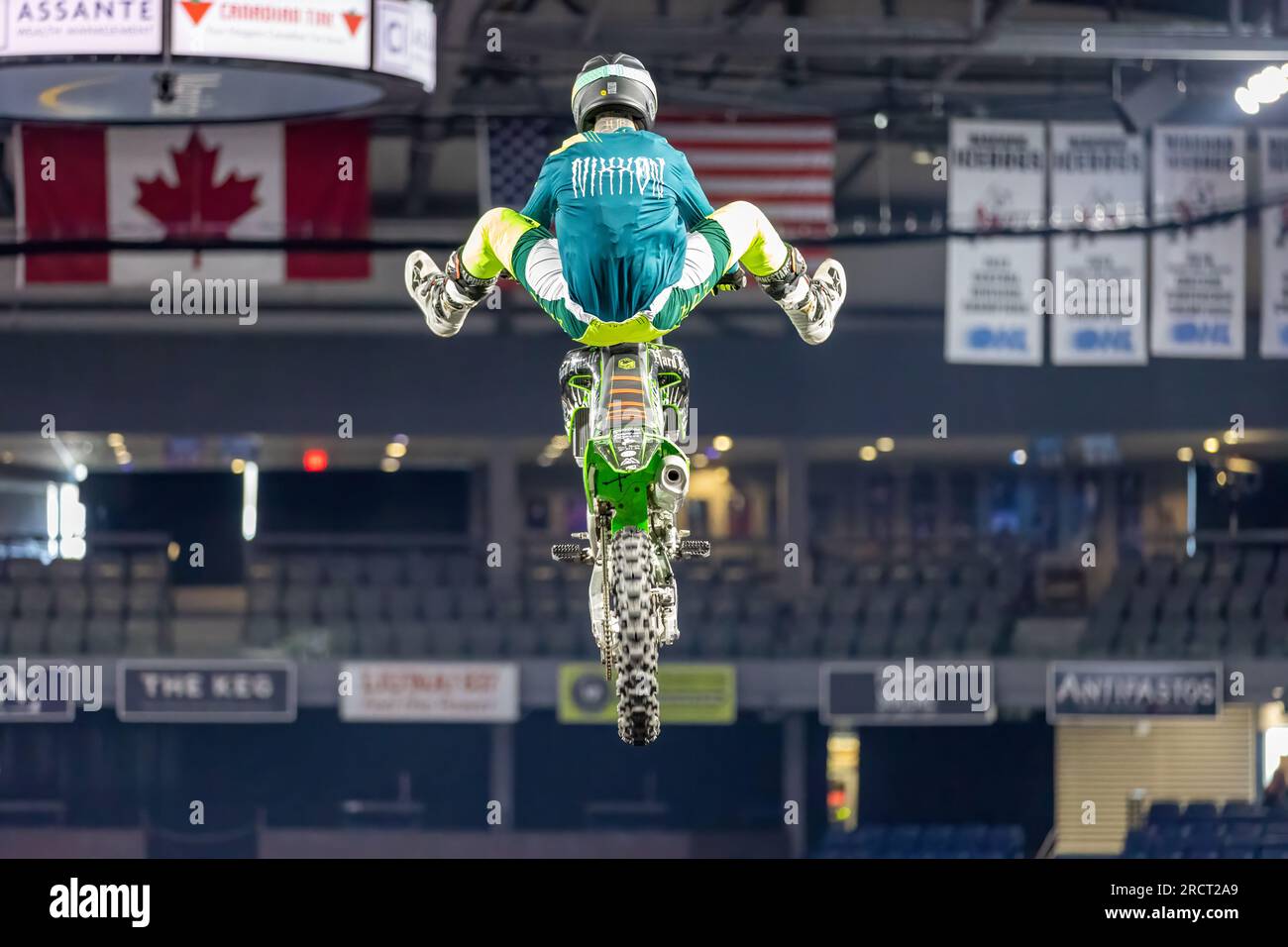 World class FMX motocross riders doing stunts in Ontario Canada Stock ...