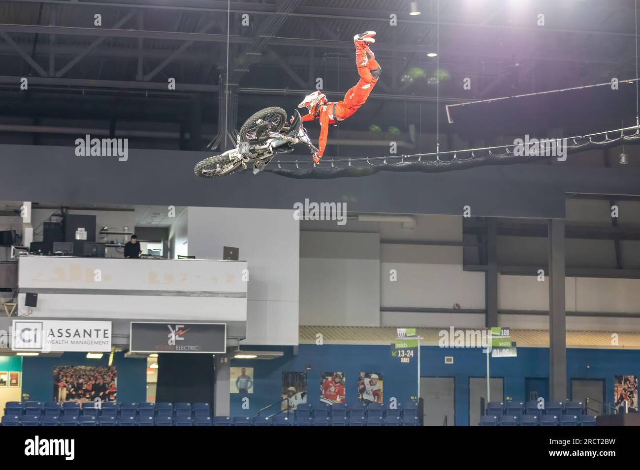 World class FMX motocross riders doing stunts in Ontario Canada Stock ...