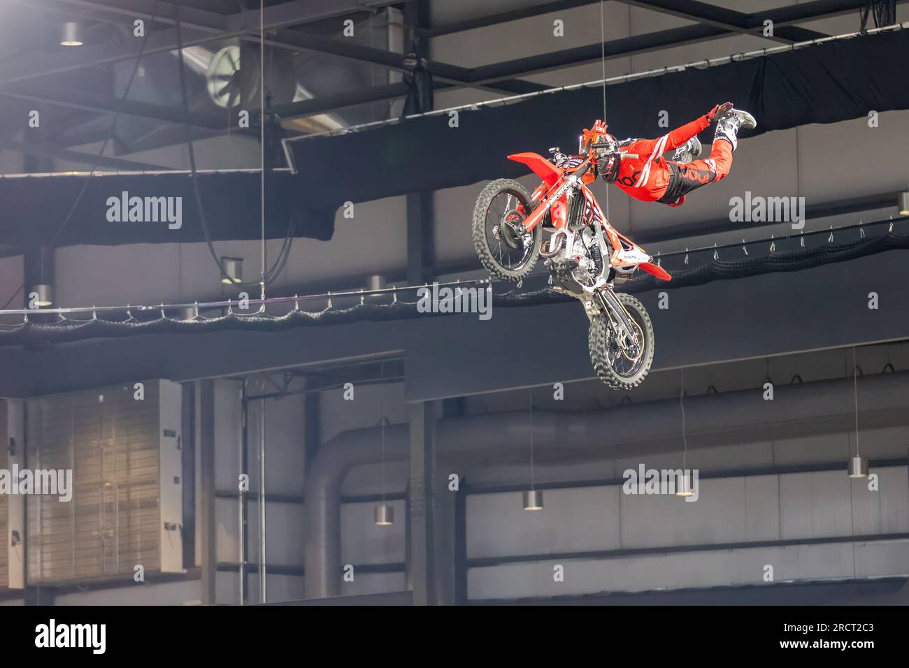 World class FMX motocross riders doing stunts in Ontario Canada Stock ...