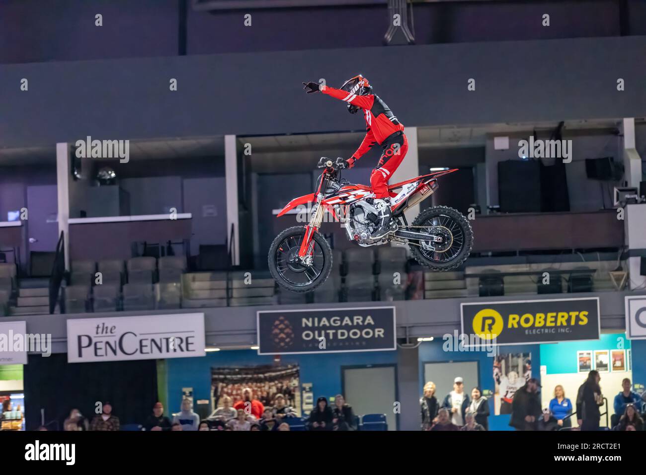 World class FMX motocross riders doing stunts in Ontario Canada Stock ...