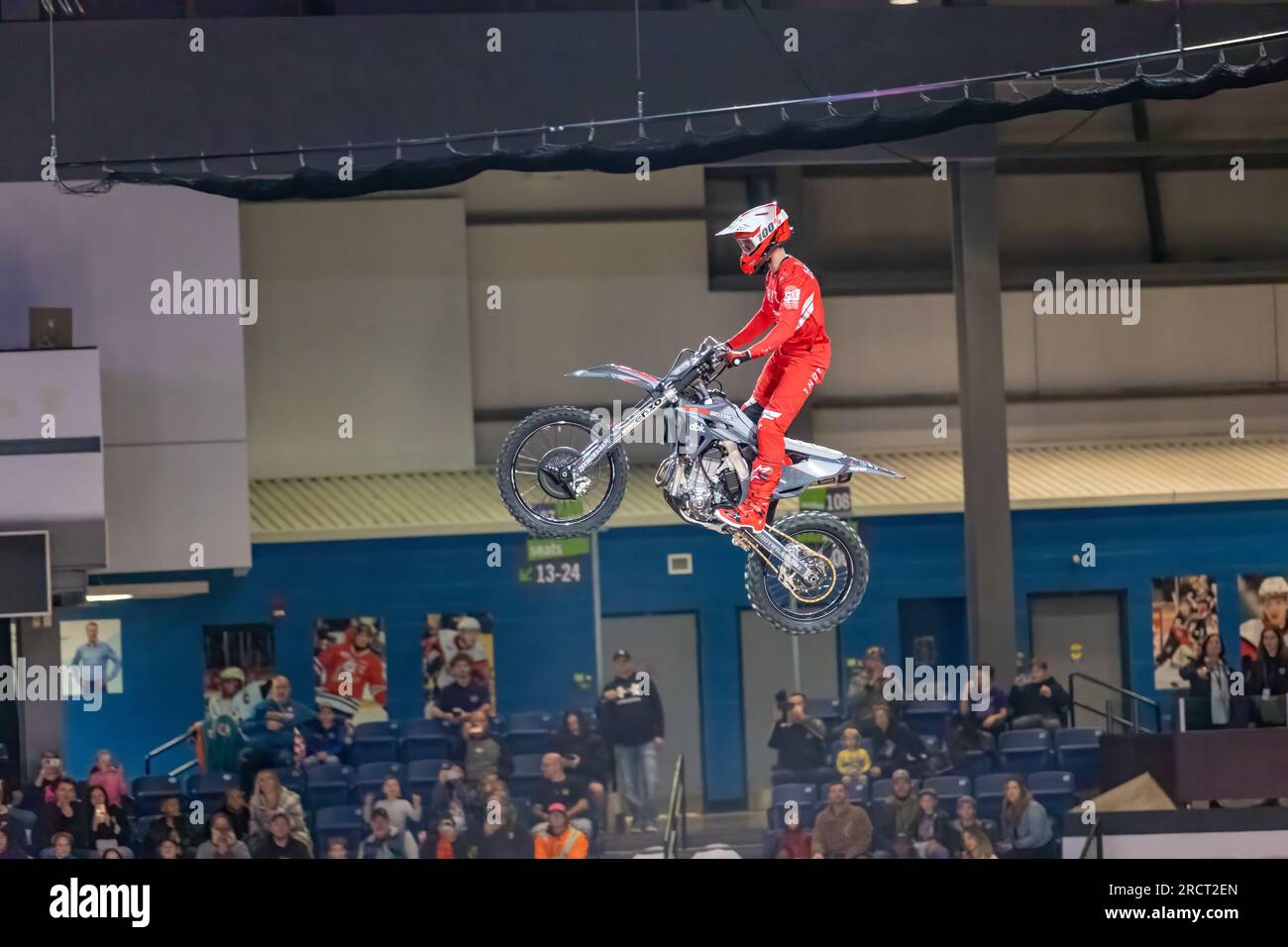 World class FMX motocross riders doing stunts in Ontario Canada Stock ...