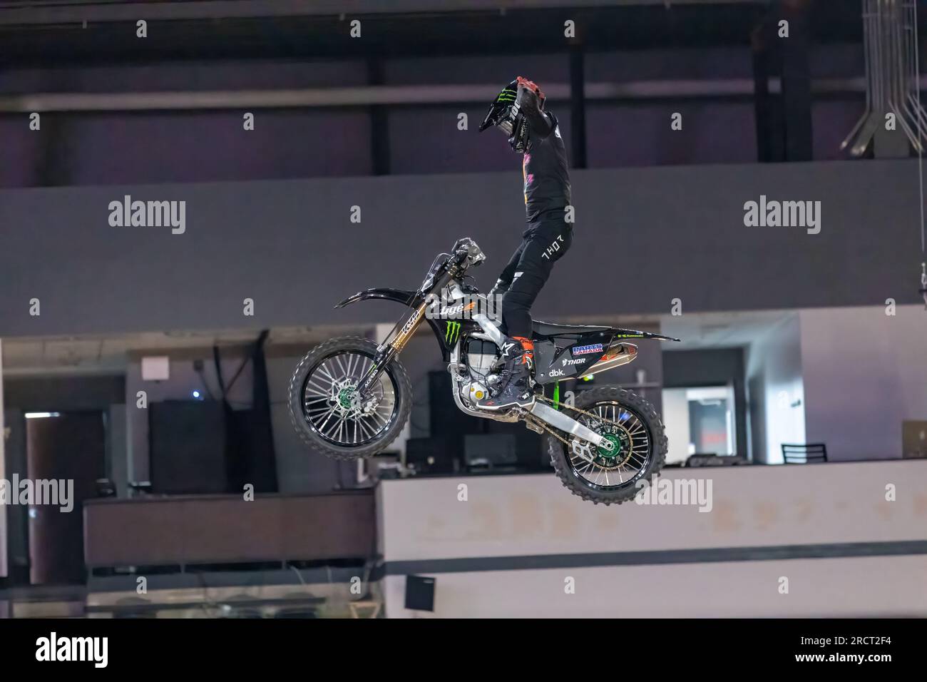 World class FMX motocross riders doing stunts in Ontario Canada Stock ...