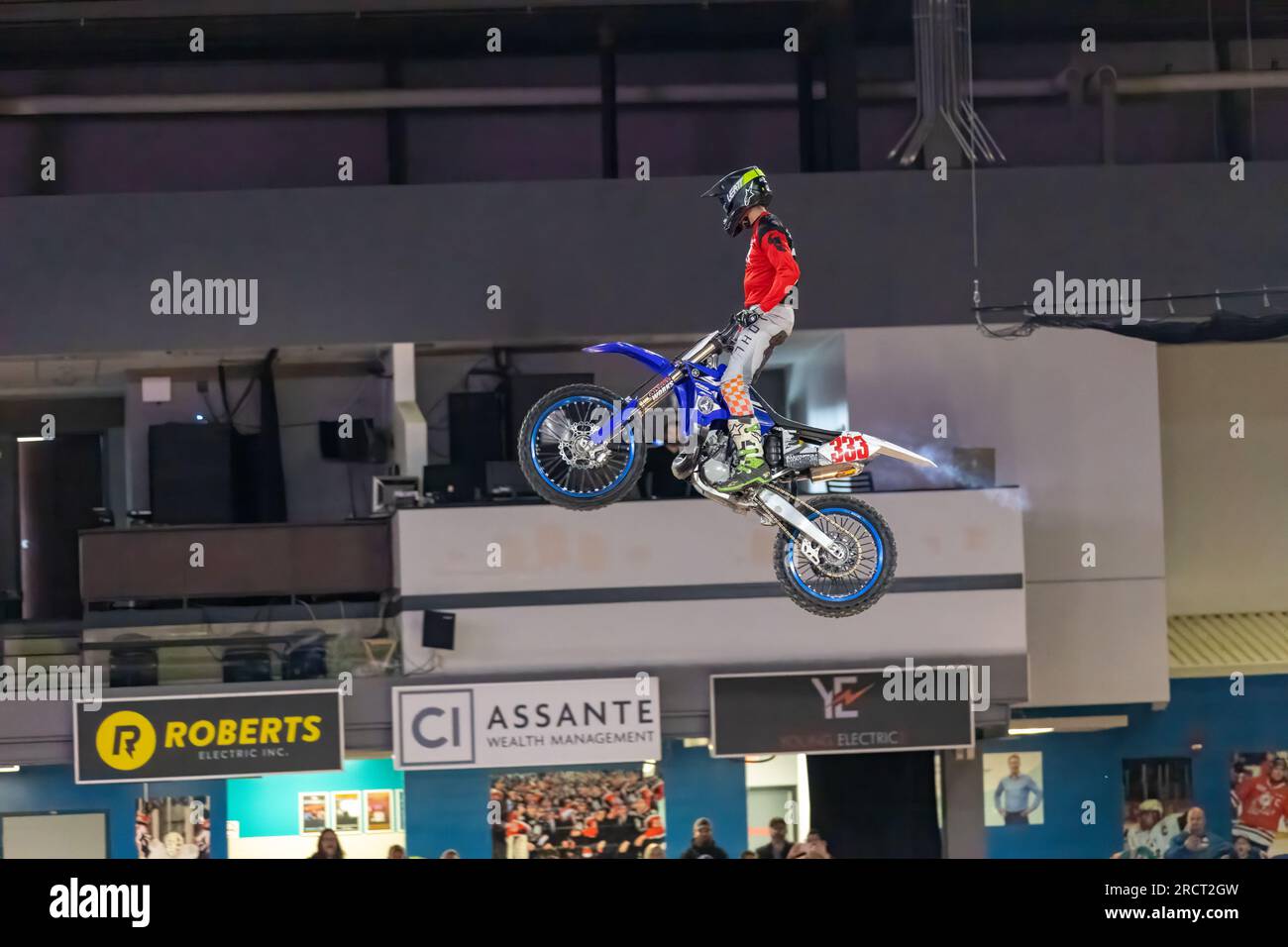 World class FMX motocross riders doing stunts in Ontario Canada Stock ...