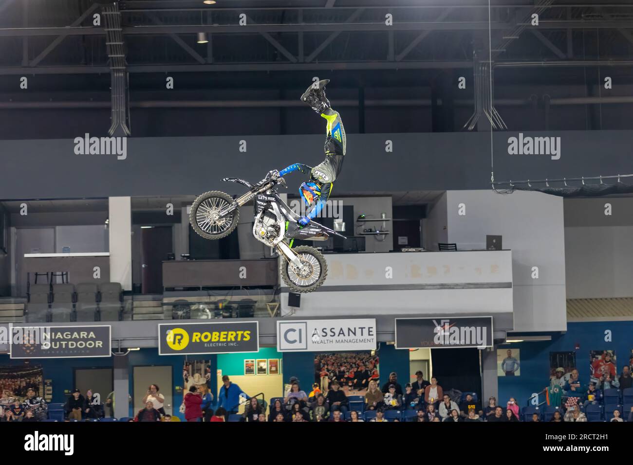 World class FMX motocross riders doing stunts in Ontario Canada Stock ...