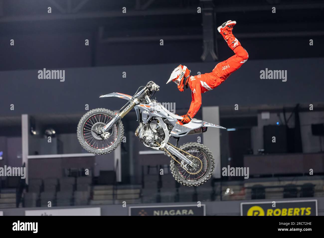 World class FMX motocross riders doing stunts in Ontario Canada Stock ...