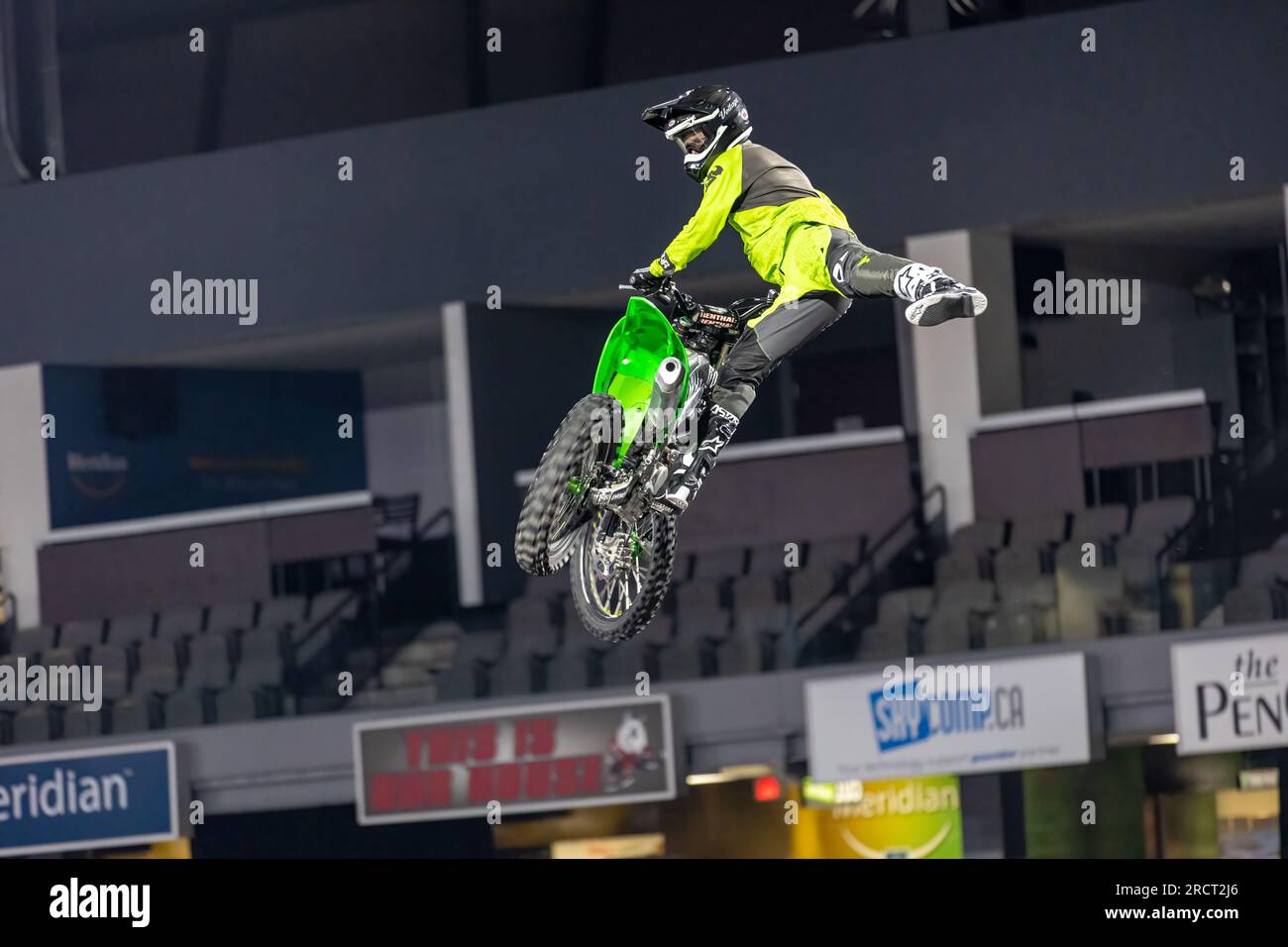 World class FMX motocross riders doing stunts in Ontario Canada Stock ...