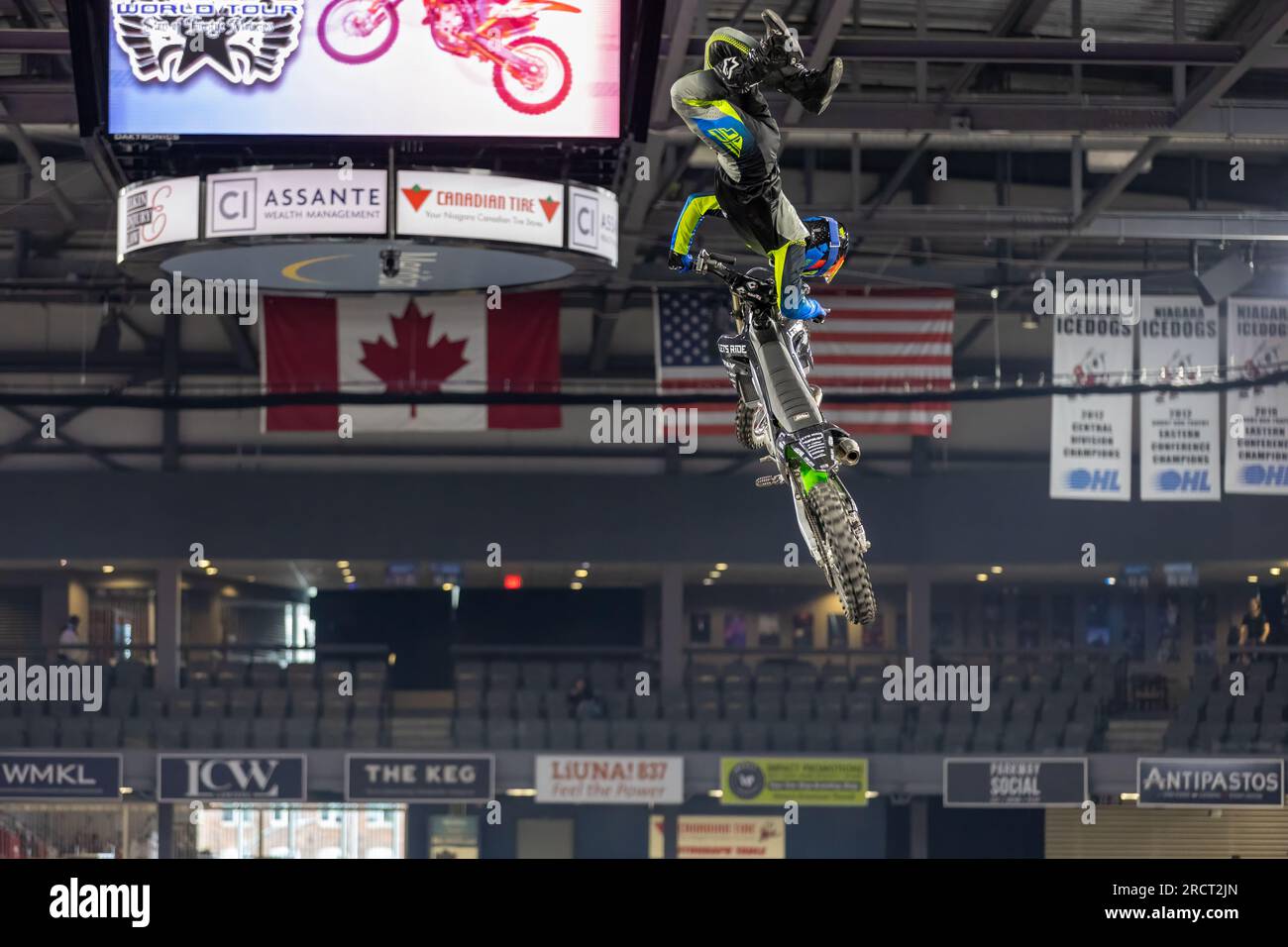 World class FMX motocross riders doing stunts in Ontario Canada Stock ...