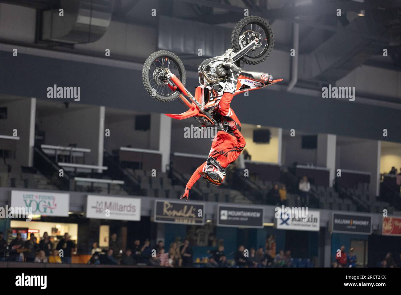 World class FMX motocross riders doing stunts in Ontario Canada Stock ...