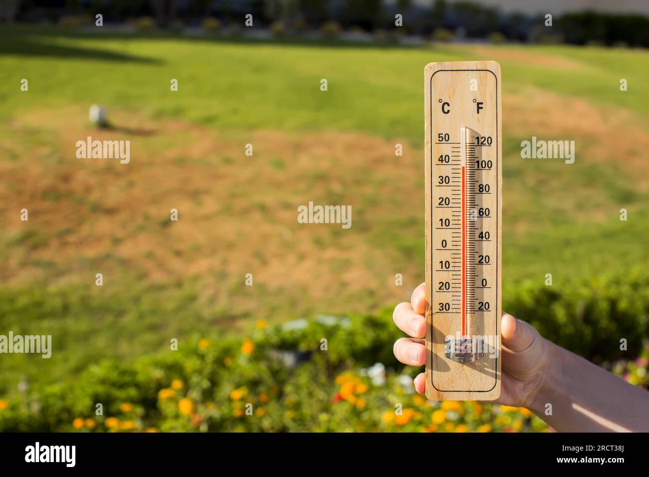 Hot weather. Thermometer in hand in front of dry grass during heatwave ...