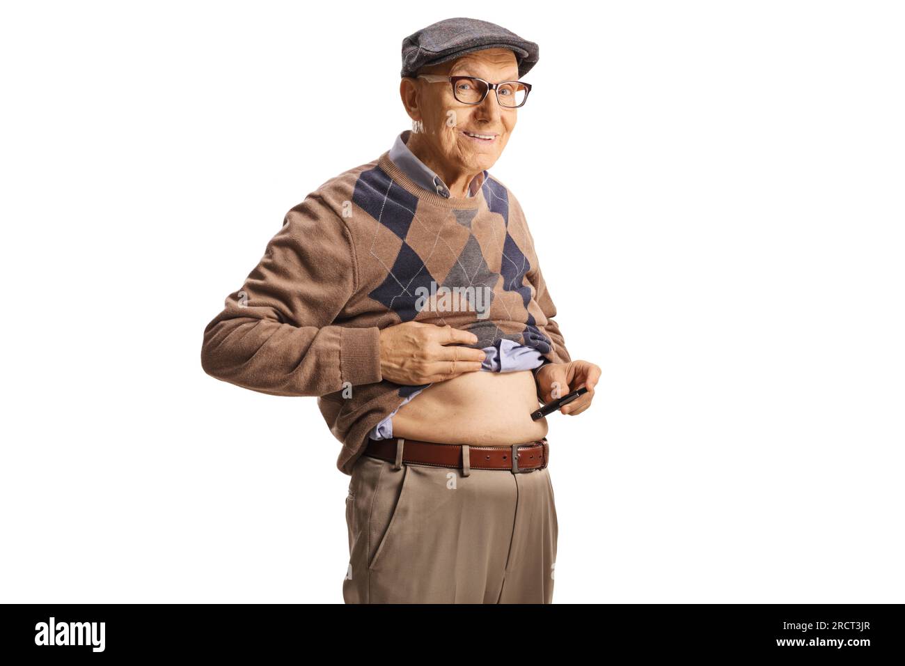 Senior man poking abdomen with an insulin pen isolated on white ...