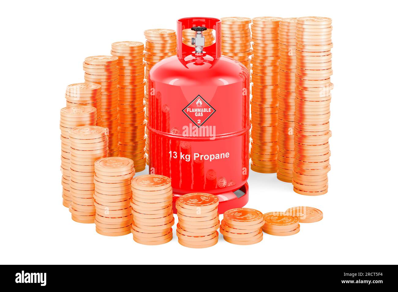 Pepper spray with growing chart from gold coins around, 3D rendering ...