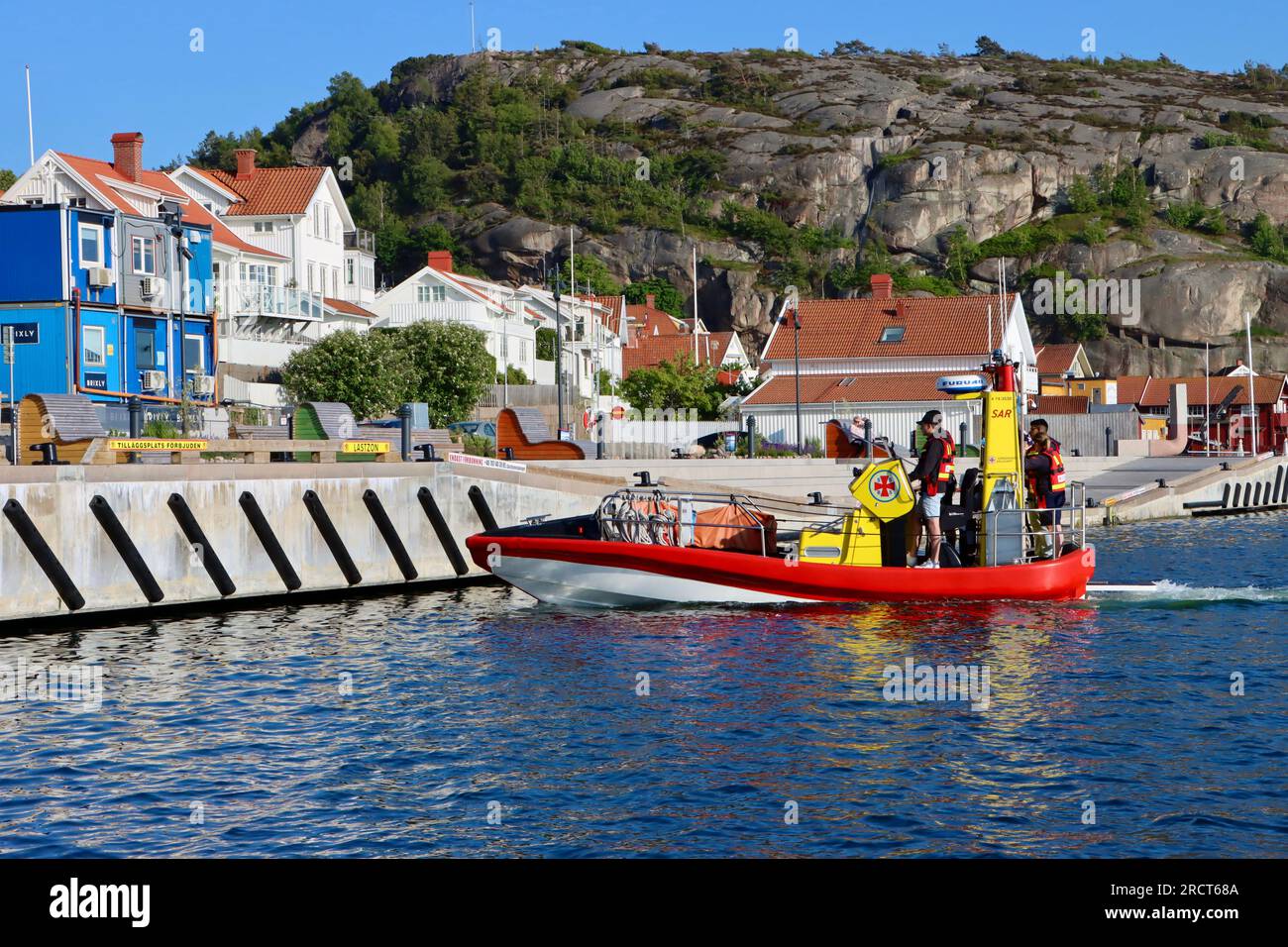 Small Swedish Sea rescue boat docking at Fjällbacka harbor in June 2023 ...