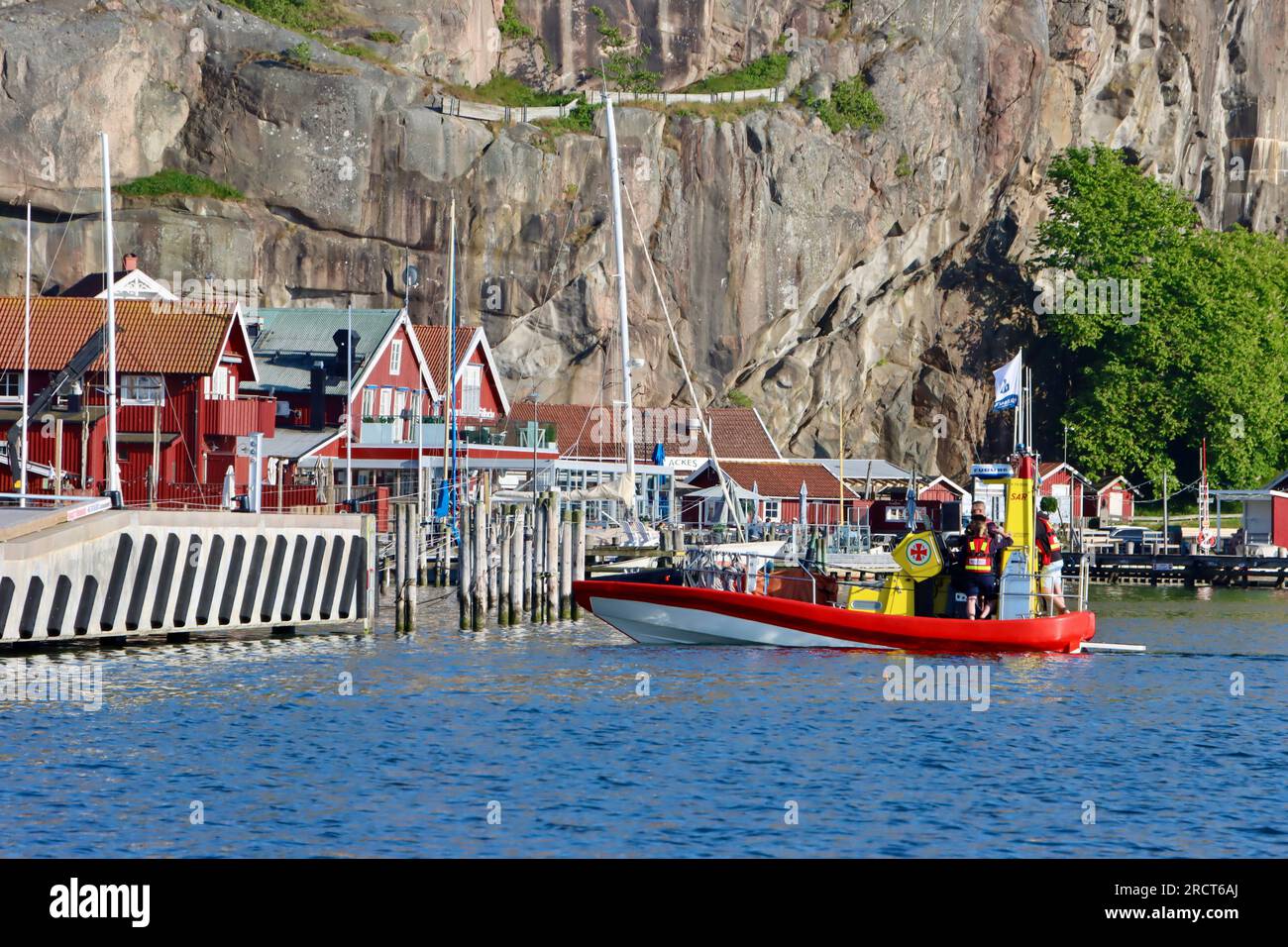 Small Swedish Sea rescue boat docking at Fjällbacka harbor in June 2023 ...