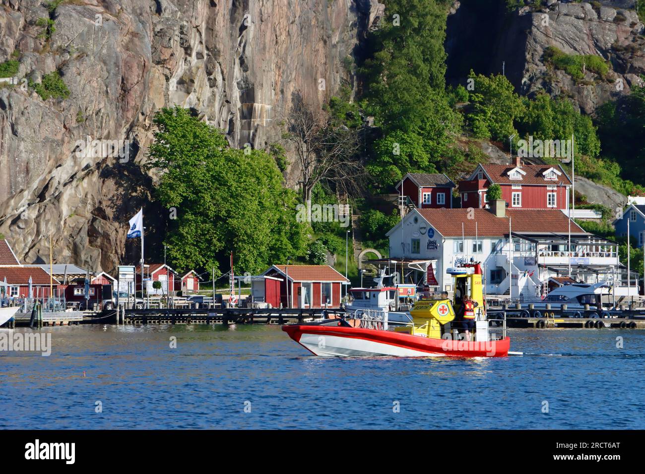 Small Swedish Sea rescue boat docking at Fjällbacka harbor in June 2023 ...