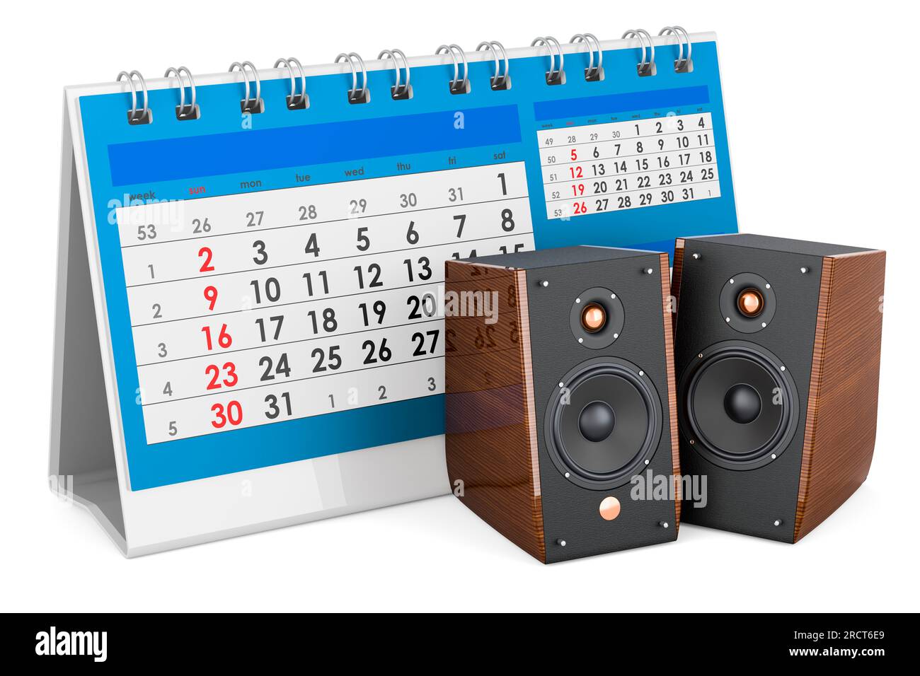 Musical Speakers with desk calendar. 3D rendering isolated on white ...