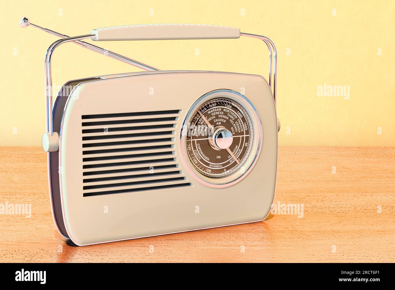 Vintage radio receiver on the wooden table. 3D rendering Stock Photo ...