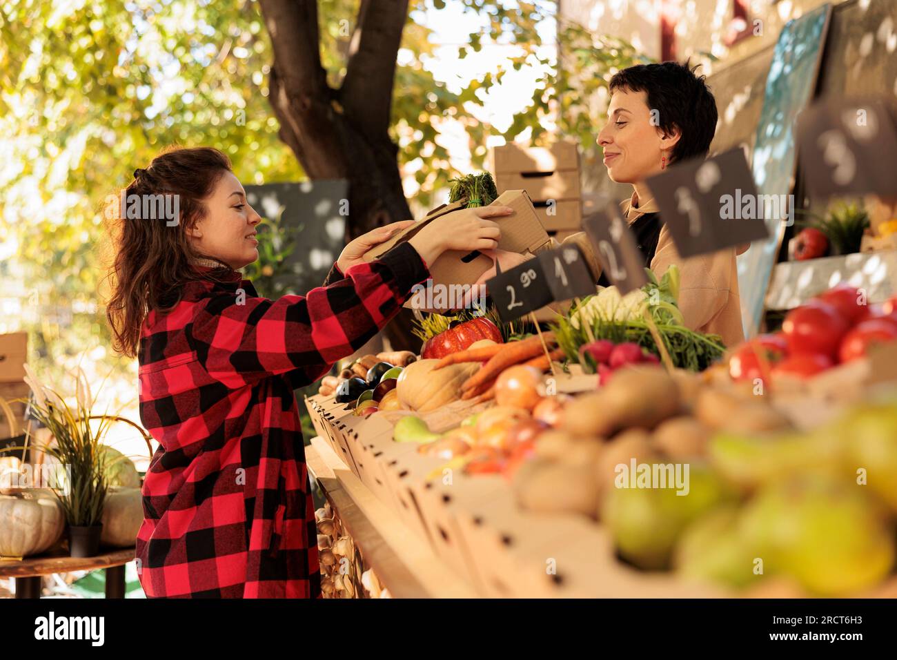 Organic food from farm. Young woman buying fresh herbs while shopping ...