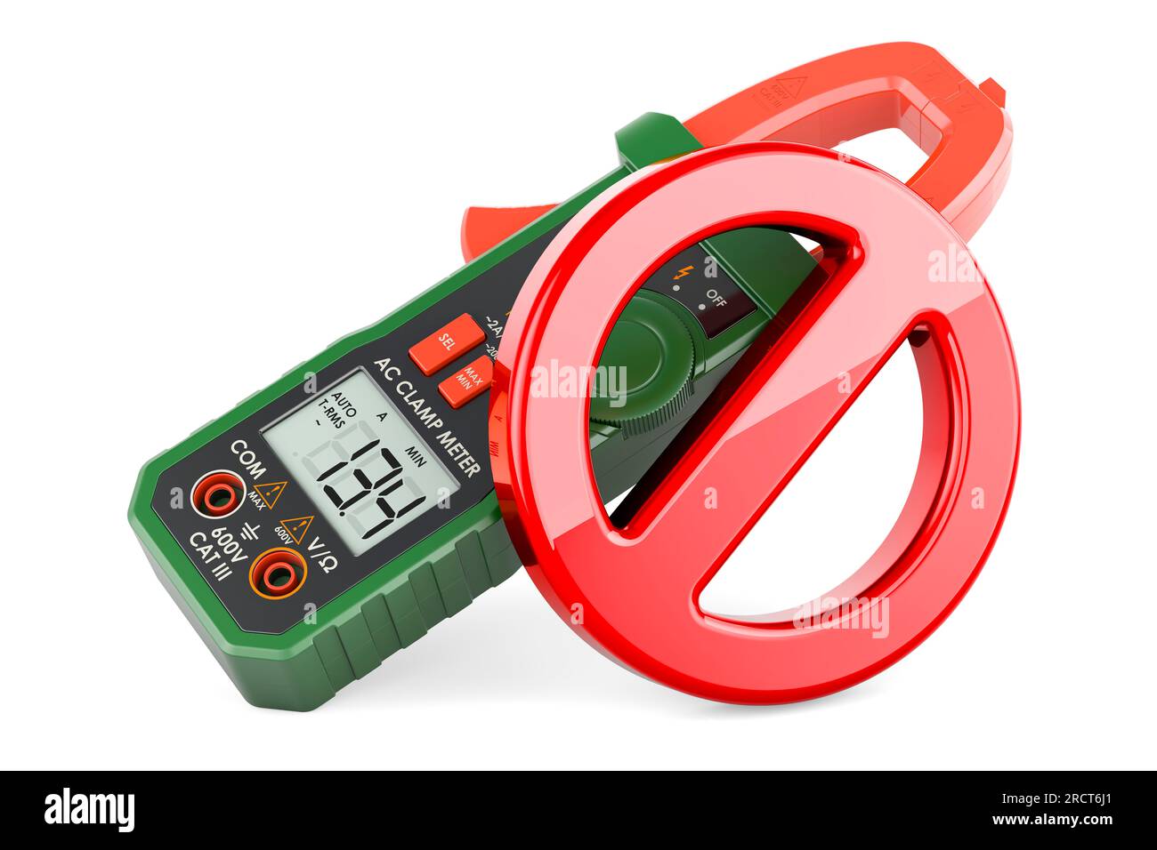 Digital multimeter with prohibition sign. 3D rendering isolated on ...