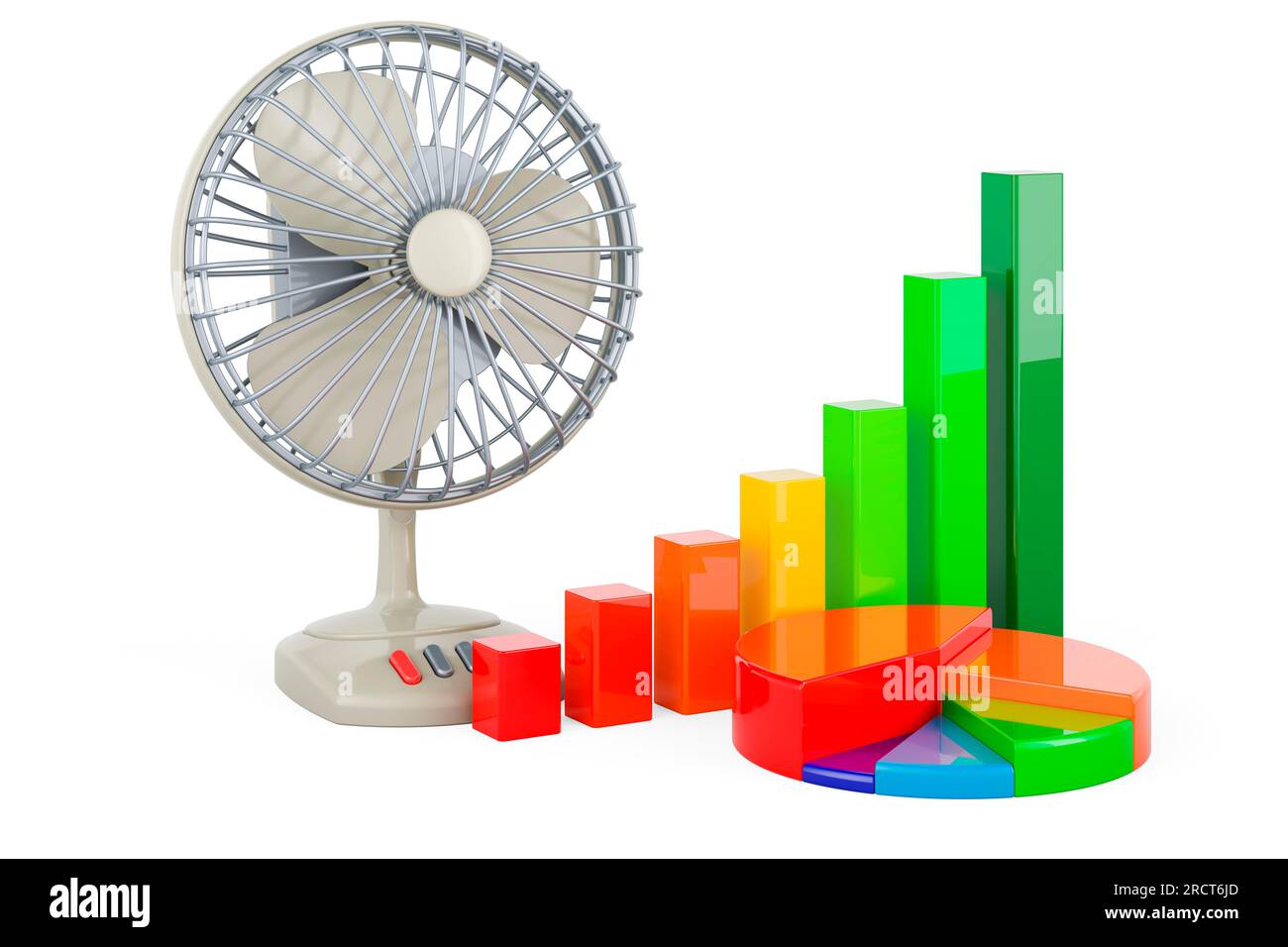 Table fan with growth bar graph and pie chart. 3D rendering isolated on ...