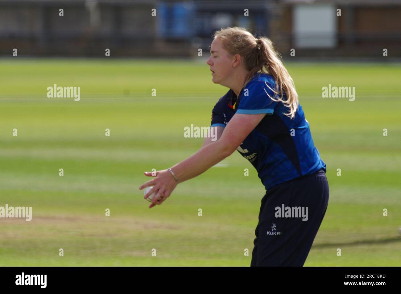 Leeds, 15 July 2023. Jessica Woolston bowling for Northern Diamonds ...