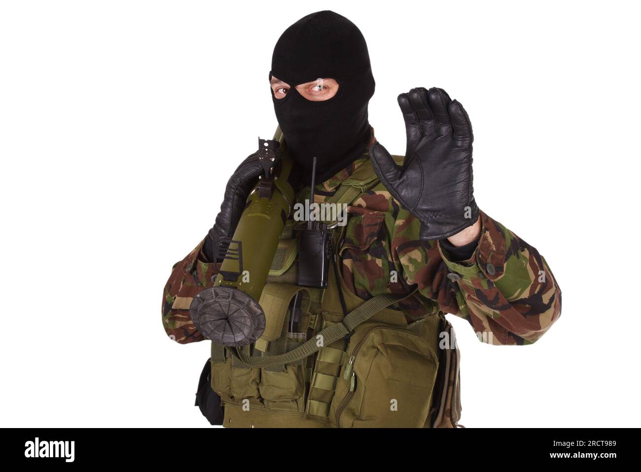 paramilitary soldier with bazooka grenade launcher isolated on white ...