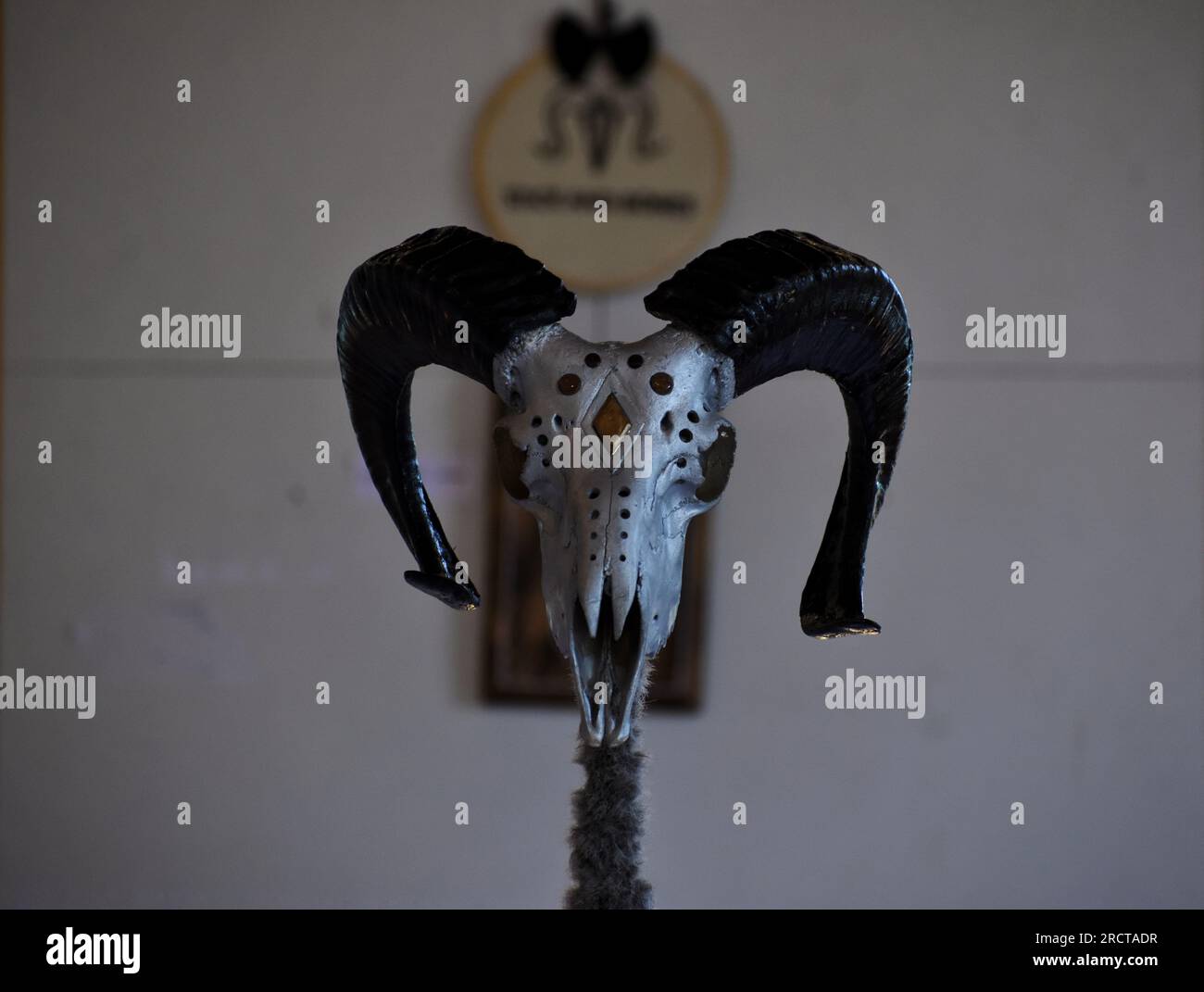 carved and decorated ram and cattle skulls, part of the work of bone ...