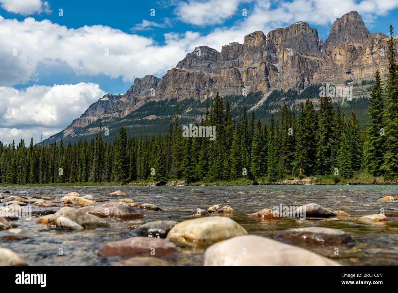 Panoramic scenery in Banff National Park at Castle Mountain with blue ...