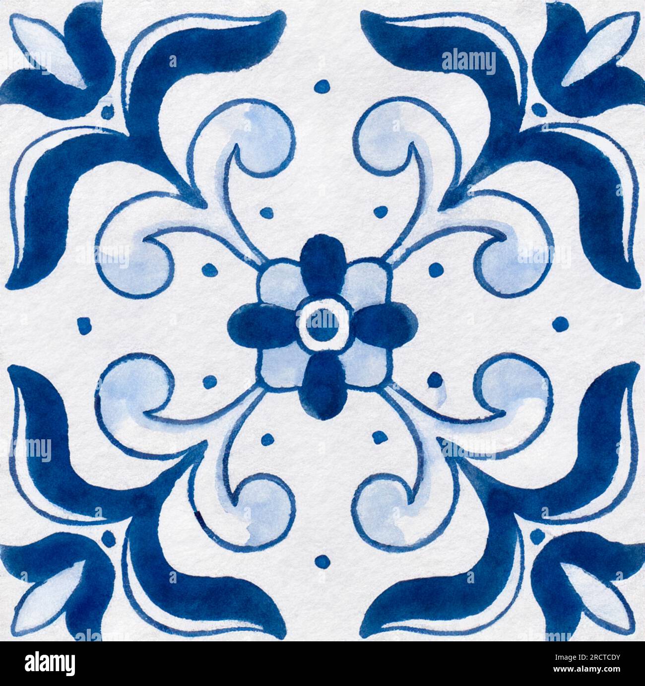 Watercolor illustration of portuguese ceramic tiles pattern. Single ...