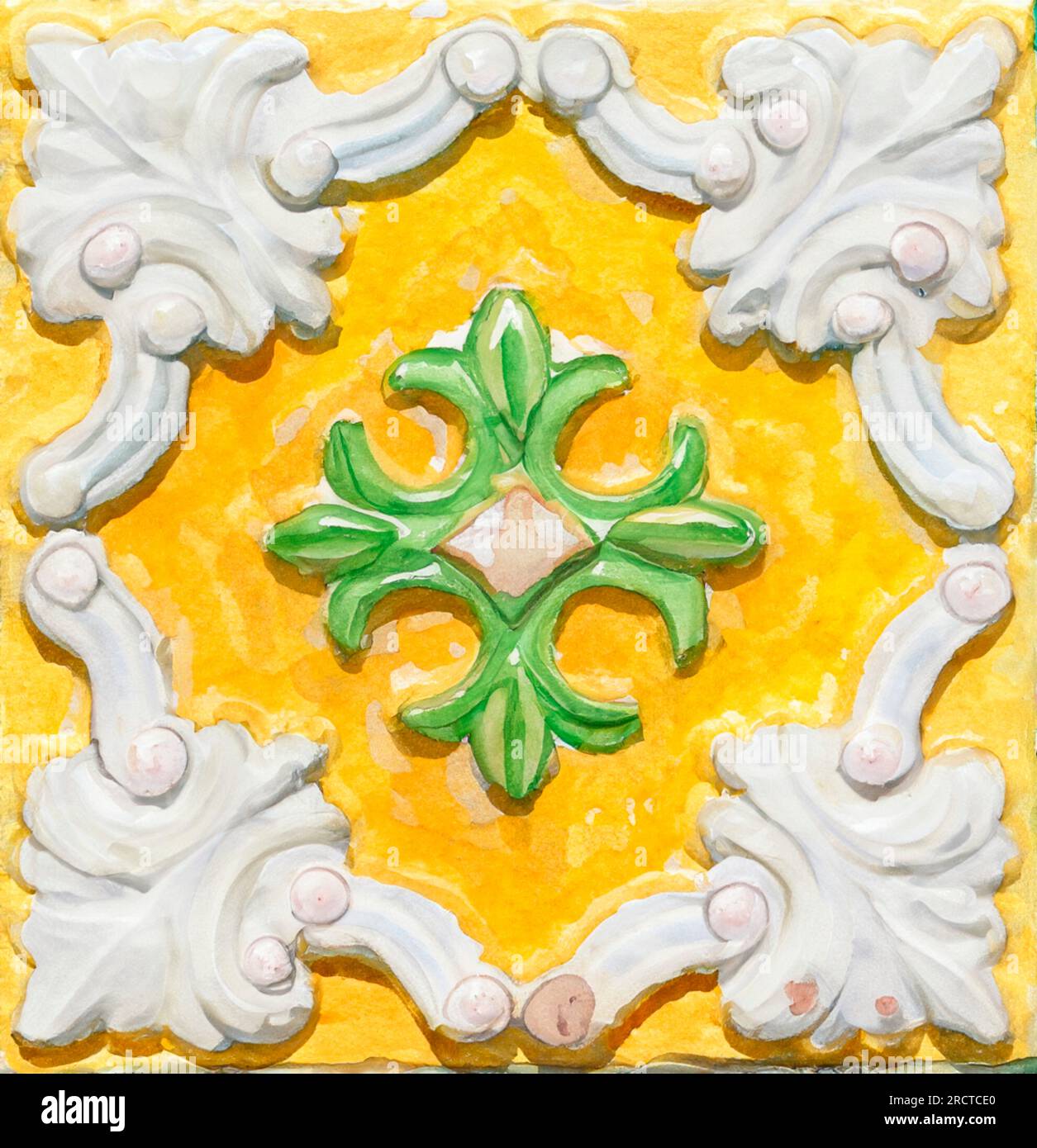 Watercolor illustration of portuguese ceramic tiles pattern. Single ...