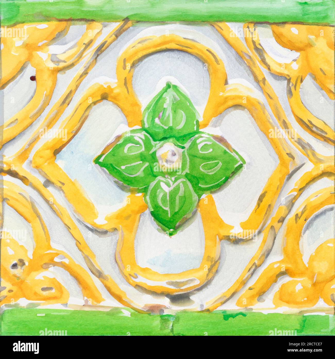 Watercolor illustration of portuguese ceramic tiles pattern. Single ...